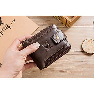 BULLCAPTAIN Men’s Genuine Leather Wallet,RFID Blocking Zip Around Bifold Multi Purse Cowhide Leather Vintage Secure Card Holder with ID Window (Brown)