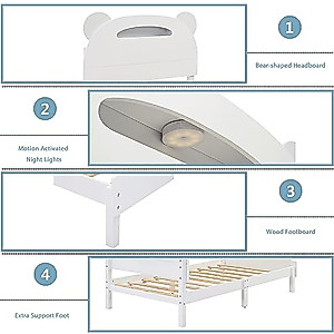 Twin Size Platform Bed with Bear-Shaped Headboard, Wood Frame Bed with Motion Activated Night Lights, Children Beds for Bedrooms, White