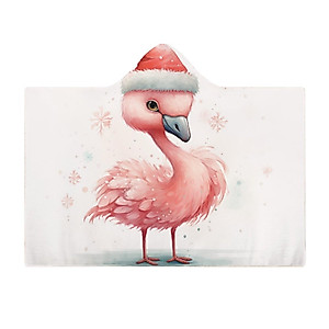 Hooded Blankets Flamingos Wear Santa Hats Wearable Hooded Blanket Cape Winter Flamingo Fleece Blanket Cloak Cape Blanket Fit for Kids Adults Teens for Couch Bed 40"x50" Spring Summer Blanket Hoodie