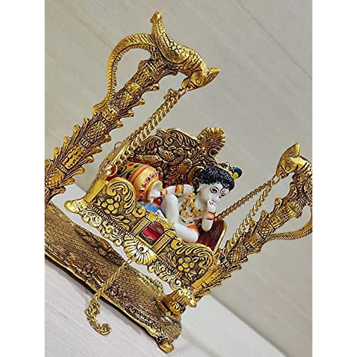 LAXMI Craft Lord Krishna Jhula Singhasan Indian Traditional Handicraft Antique Look Temple Arch/gate Design, Laddu Gopal Sofa with Jhula,Brass,17 x 10 x17 Cm (Metal JULLA with MARBAL Krishna)