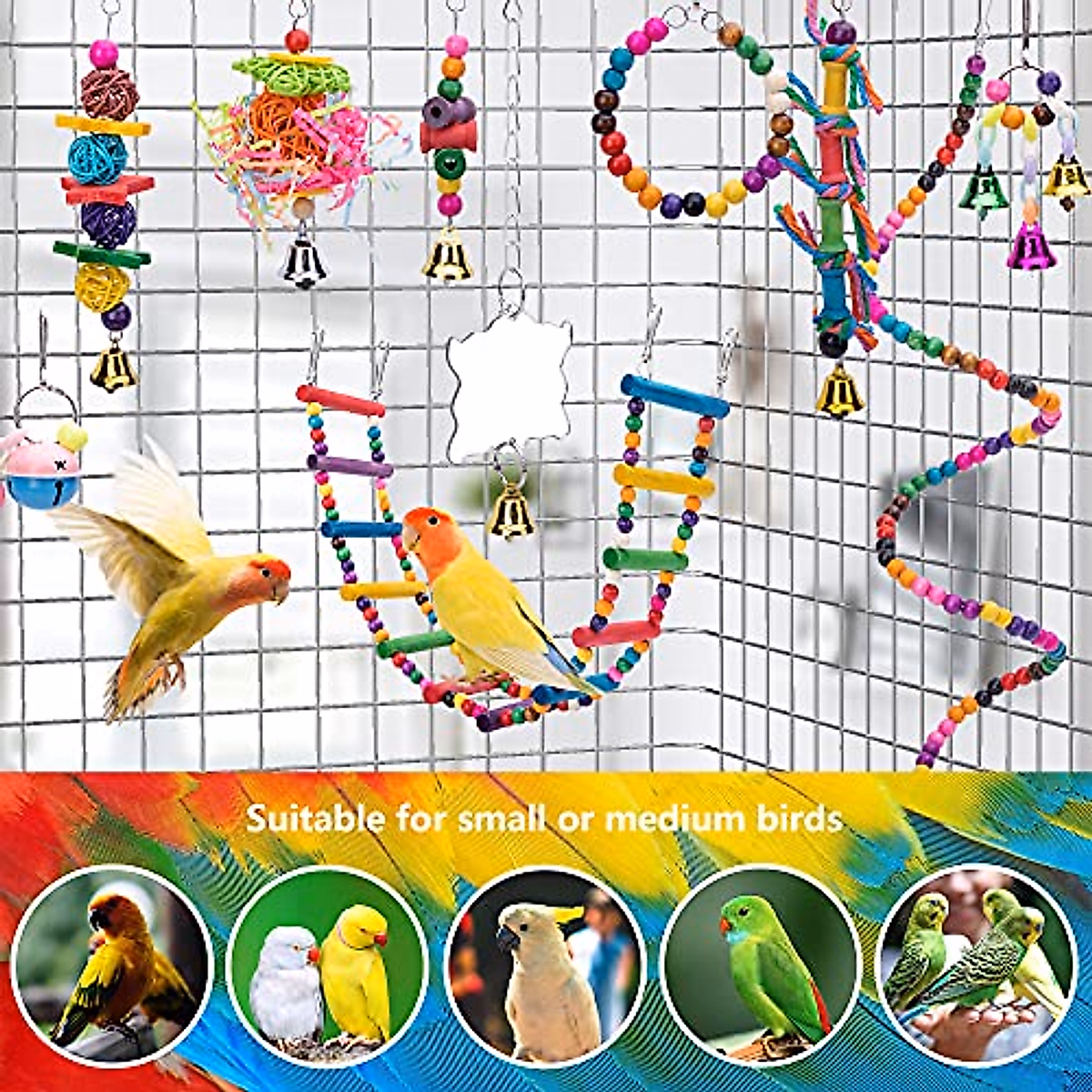 EBaokuup 10 Packs Bird Swing Chewing Toys- Parrot Hammock Bell Toys Parrot Cage Toy Bird Perch with Wood Beads Hanging for Small Parakeets, Cockatiels, Conures, Finches,Budgie,Parrots, Love Birds