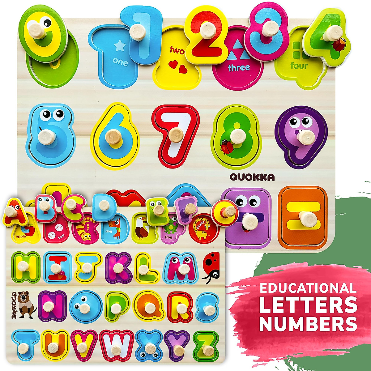 QUOKKA Wooden Puzzles for Toddlers Ages 1-3-5 in a Bag – Alphabet Learning Kids Puzzle 2-4 Year Old – Educational Wood Travel Toy with ABC Numbers Letters Animals – Gift Game for Boys and Girls