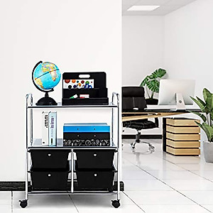 RELAX4LIFE Storage Cart W/Four Drawers, Wheels and Two Shelves, Stable Steel Frame Craft Cart for Office,Home, Make Up Storage and Files Arrangement Storage Cart Organizer (Black)
