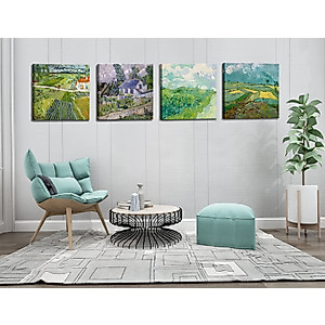 Landscape with a Carriage by Vincent Van Gogh Classic Oil Paintings Artwork, Green Wheat Fields, Houses at Auvers Canvas Wall Art Print for Living Room, Bedroom Office Bathroom Decor - 12"x12"