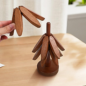 PartyKindom Wooden Trivets for Hot Dishes: Walnut Tree Coasters Foldable Wood Tree Trivets for Hot Pots Bowl Teapot Pans Christmas Table Decor (3 Layers + 1 Stand)