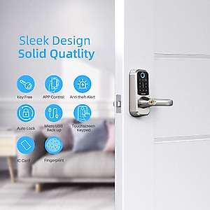 Fingerprint Smart Door Lock with Handle - Hornbill Keyless Entry Door Lock with Lever - Smart Electronic Digital Front Door Keypad - Auto Lock Code App Fob Alexa for Apartment Office - Silver