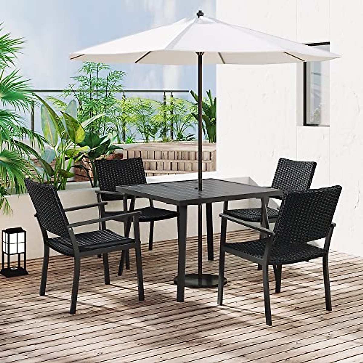 JIVOIT Outdoor Patio PE Wicker 5-Piece Dining Table Set, Dining Table with Umbrella Hole and 4 Dining Chairs Set, Conversation Set Bistro Set for Backyards Garden Deck