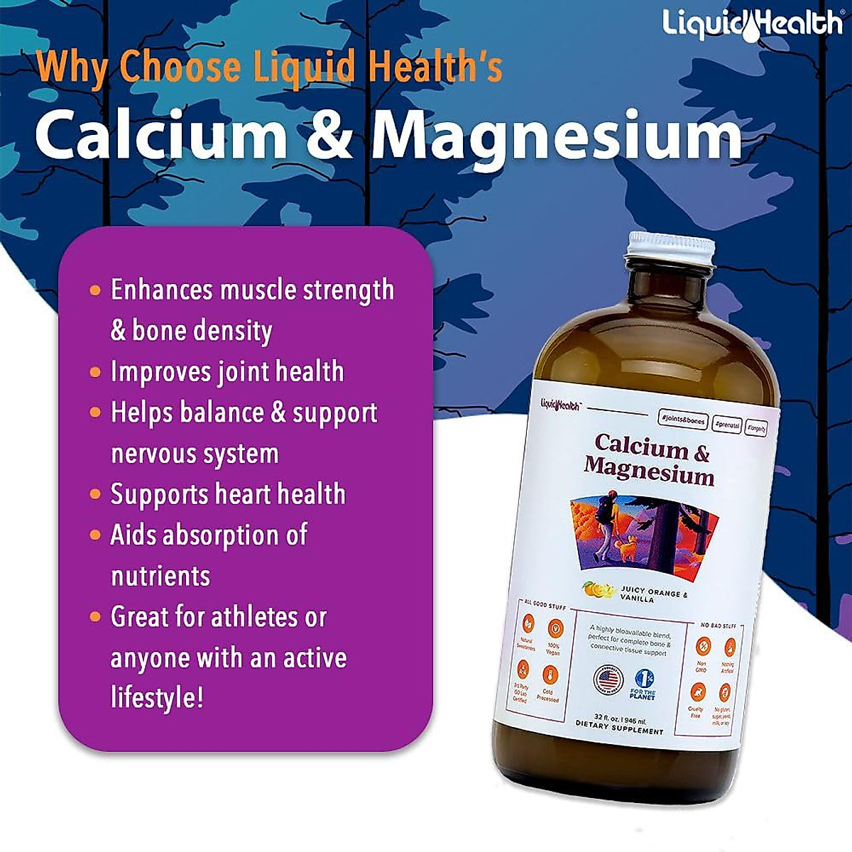 LIQUIDHEALTH 32 Fl Oz Calcium and Magnesium Liquid Supplement Joint and Bones Tissue Support, Citrate Vegetarian Natural Non GMO, Vitamin D3-2 Pack