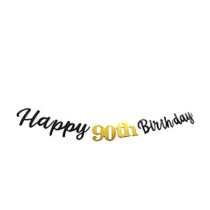 MEDIMQC Black Happy 90th Birthday Banner Sign Gold Glitter 90 Years Birthday Party Decorations Supplies Anniversary Celebration Backdrop Pre-Assembled (Black)