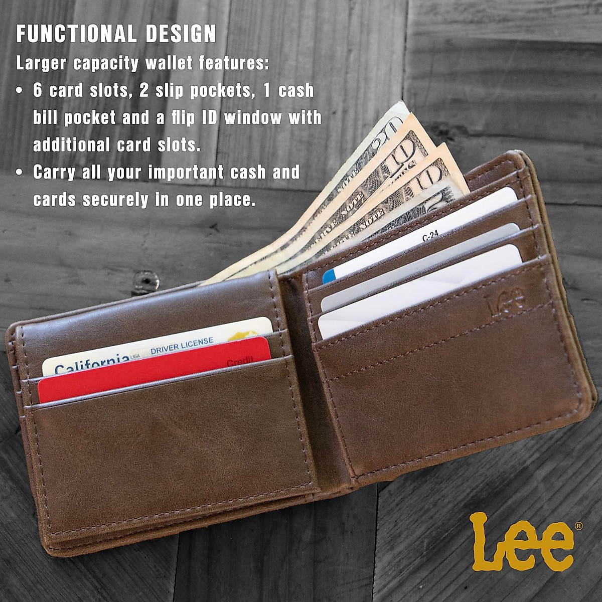 Lee Men’s Bifold Extra Capacity Wallet Casual Everyday Minimalist Cash and Card Holder with Flip ID Window Pass Case (Brown)