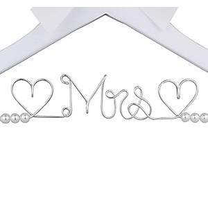 Bridal Dress Hanger Solid Wood Dress Hangers Mrs Letter Hanger Wedding Gift (White Coat Hanger Silver Thread Pearl)