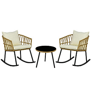 Outsunny 3 Piece Bistro Set with Cushions, Outdoor PE Rattan Wicker Patio Rocking Chair with 2 Porch Rocker Chairs, Glass Top Coffee Table Patio Conversation Set, Cream White