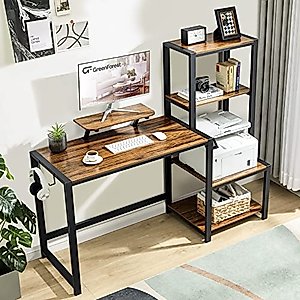 GreenForest Computer Desk 59 inch with Storage Printer Shelf Reversible Home Office Desk with Movable Monitor Stand and 2 Headphone Hooks for Study Writing PC Gaming Working, Walnut