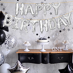LIOZEOKUN Happy Birthday Balloon Letters 16 inch Mylar Foil Birthday Balloons Banner Sign for Birthday Party Decorations Supplies (Silver)