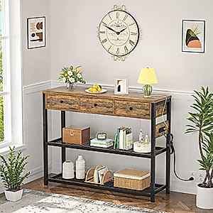 Ecoprsio 47'' Entryway Table with Outlets and USB Ports, Console Table with 3 Drawers, Sofa Table Narrow Long with Storage Shelves for Living Room, Couch, Hallway, Foyer, Kitchen Counter, Rustic Brown
