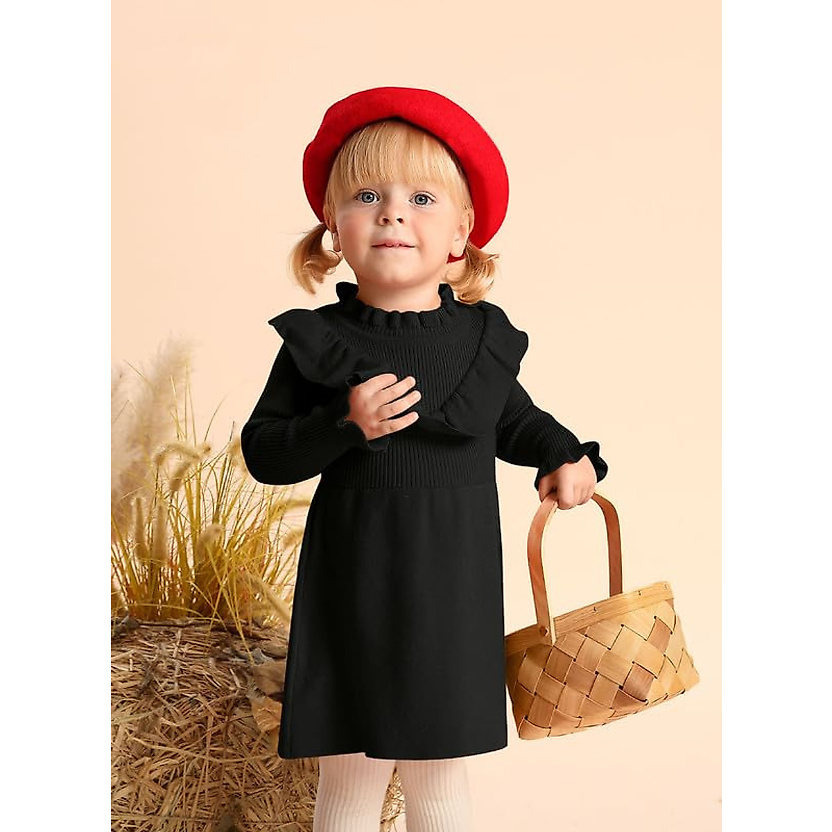 BesserBay Infant Girls Adorable Fall Ruffle Trim Ribbed Knit Cozy Warm Black Sweater Dress 6-12 Months