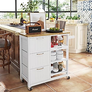 NSdirect Kitchen Island Cart,Industrial Kitchen Bar&Serving Cart Rolling on Wheels Utility Storage Trolley with 3-Tier Wine Rack Shelves&Three Storage Drawers,Soild Rubber Wood Top,White