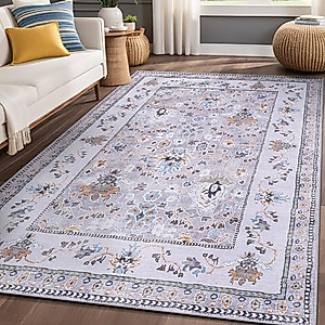 Lena Rug Floral Machine Washable Area Rug 5x7 for Living Room Bedroom Kitchen Dining Room Gray