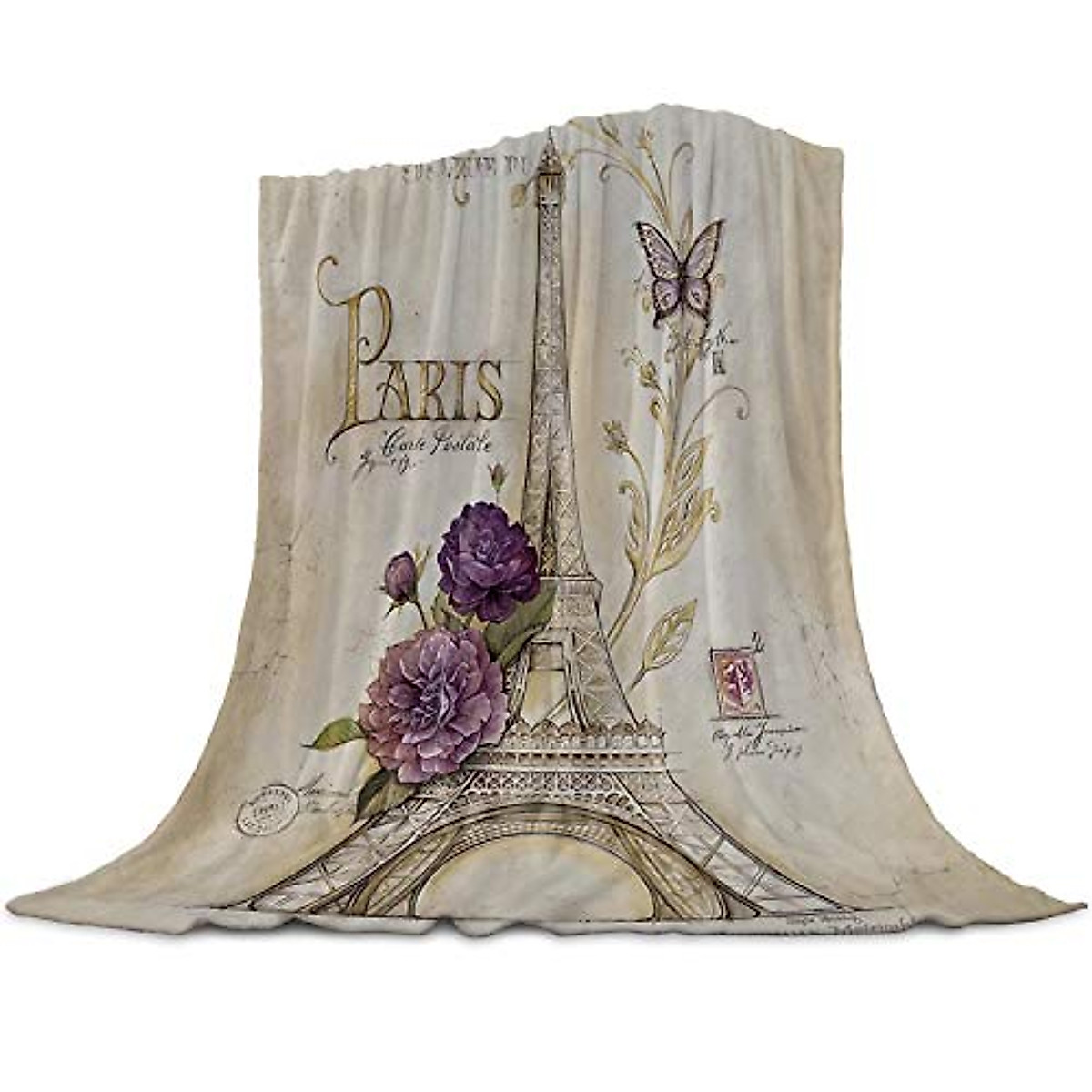 Gogobebe Flannel Fleece Throw Blanket for Sofa Couch Bed Vintage Butterfly Paris Eiffel Tower Soft Cozy Lightweight Blanket for Adults/Kids 39x49inch