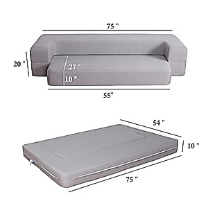 HonTop 10 Inch Fold Out Couch Bed Memory Foam Couch Floor Futon Sofa Bed, Sleeper Chair Bed for Bedroom Living Room Guest, Full Size, Light Grey