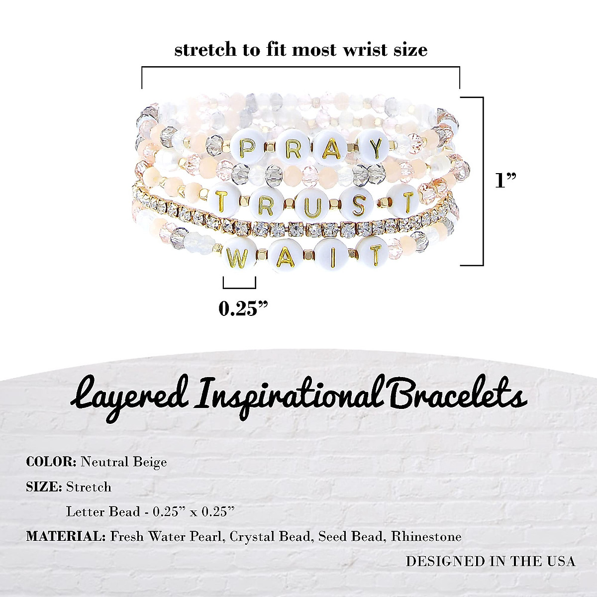 Inspirational Message Multi Strand Beaded Stackable Stretch Bracelets for Women – Pray Trust Wait - Bohemian Boho Style Bracelets – Beautiful Faceted Glass Beads – Gift Box Included (PRAY TRUST WAIT)