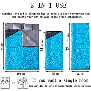 Tuphen Double Sleeping Bag with 2 Pillows, Queen Size XL Bag for 2 People, Cold Warm Weather- 3 Seasons, Waterproof Adults Sleeping Bag for Camping, Backpacking or Hiking