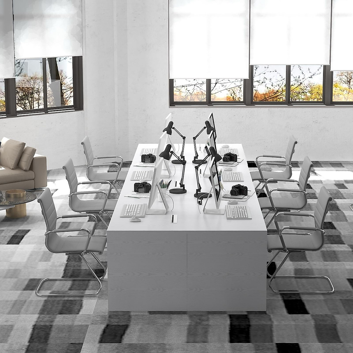 CIMOTA Waiting Room Chairs Leather Office Guest Chair Mid Back Reception Chairs with Sled Base for Meeting/Patient/Conference Room, Grey Set of 8