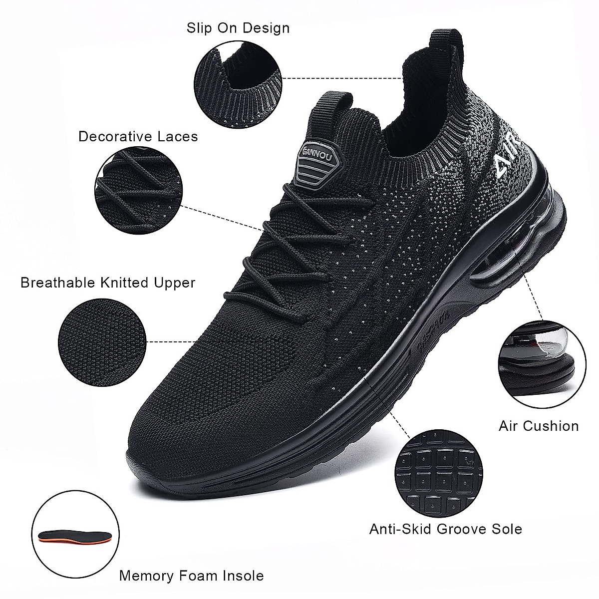 IIV Mens Air Running Shoes Casual Tennis Walking Athletic Gym Fashion Lightweight Slip On Sneakers Black 9