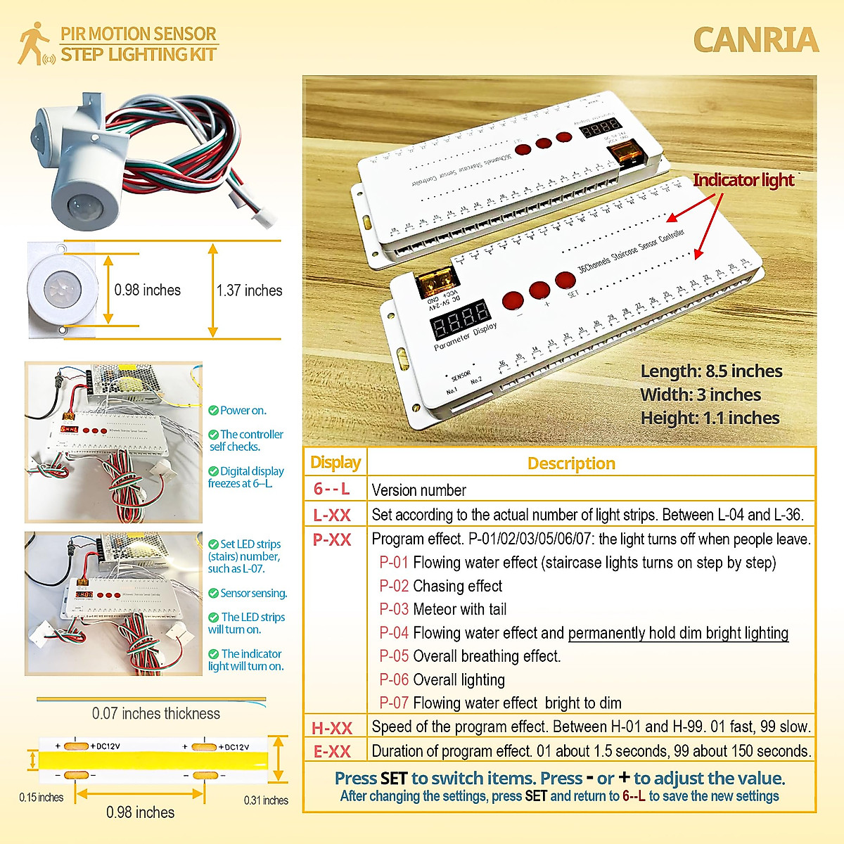 CANRIA PIR Motion Sensor LED Stair Lights Indoor Outdoor Stairway Step Staircase Lighting Kit with 3000K Warm White COB Flexible LED Linear Light