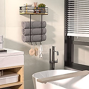 HOOOKIMM Towel Racks for Bathroom Wall Mounted, Towel Holder for Small Bathroom, Roll Towel Rack with Wooden Shelf and 3 Hooks, Bath Towel Storage, Bathroom Organizer Wall Decor for RV, Spa, Salon