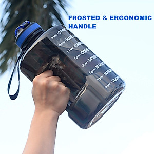 SLUXKE 1 Gallon Water Bottle with Time Marker BPA Free Motivational, 128oz Leak Proof Water Bottle Jug with Handle and Straw Black