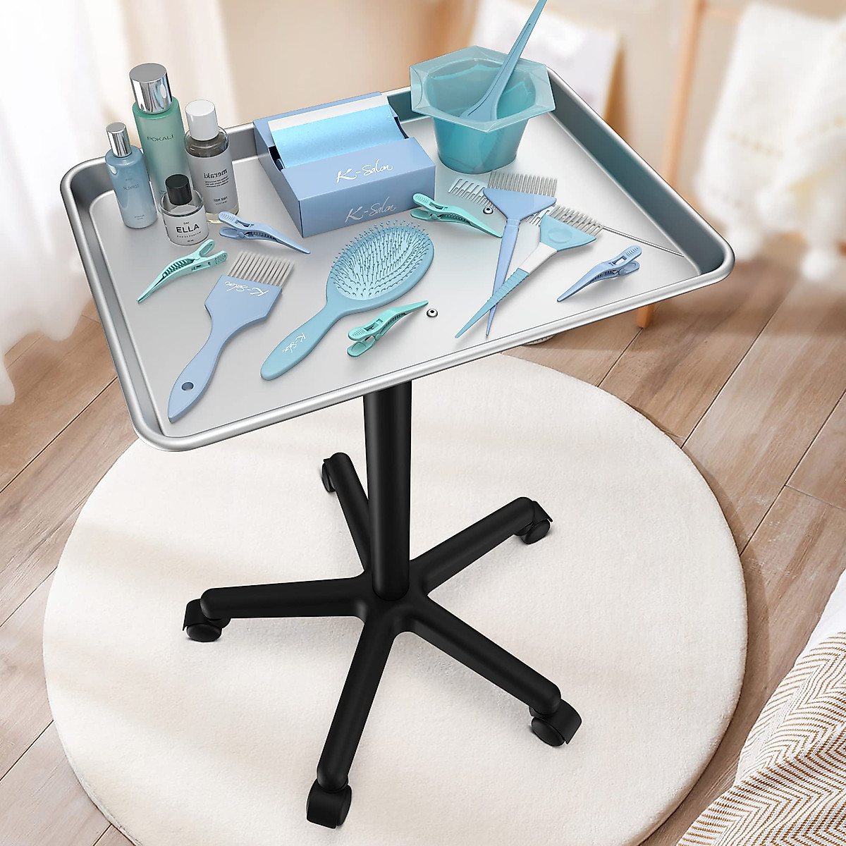 Premium Aluminum Instrument Salon Tray Tattoo Rolling Tray Station-Silver