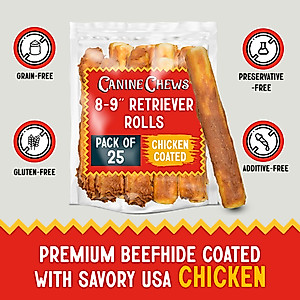 Canine Chews 8-9" Chicken Coated Dog Rawhide Retriever Rolls (25 Pack) - Chicken Rawhide Bones for Large Dogs - 100% USA-Sourced Chicken Coated Dog Rawhide Chews - Healthy Dog Dental Chew Rawhides