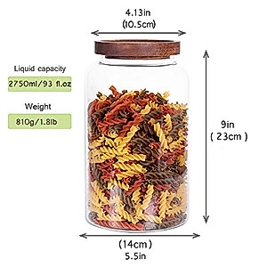 Large Glass Jar with Airtight Lid Set of 2 93 FL OZ(2750ml) glass canister set, Glass Food Containers Wooden Lid Suit for Kitchen Pantry for Flour, Tea, Coffee Beans, Sugar, Cookies(8.8 inch high)