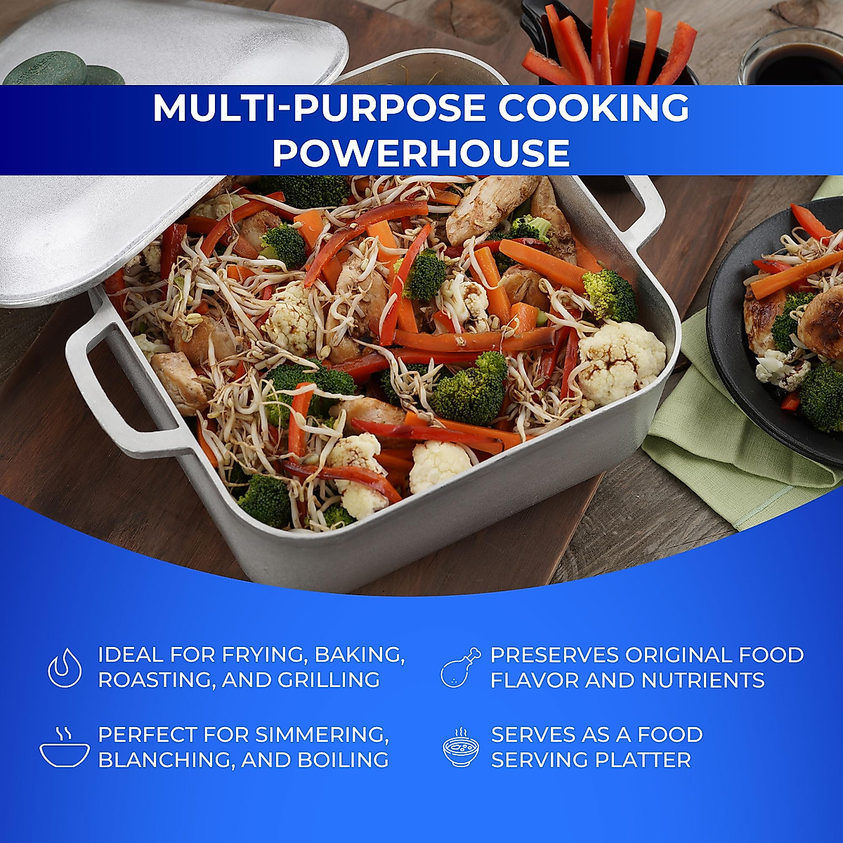 Universal Unique Square Caldero (6 Quart - 15 Cups), Stainless Aluminum Pot, Oven Safe, Even Heat Distribution and Fast Cooking Dutch Oven Pot with Lid, Ideal for Rice, French Fries, and More