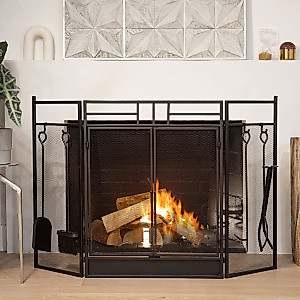 Barton 3-Panel Folding Fireplace Screen W/Magnetic Doors and 4-Pieces Fire Place Tools Set Home Steel Fire Spark Guard, Black