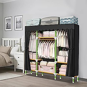 YOUUD Portable Closet 57 Inch Wardrobe Closet Clothes Organizer with 3 Storage Shelves and 3 Hanging Rods, Cloth Closet of Colored Rods Black Cover Quick and Easy to Assemble,Strong and Durable