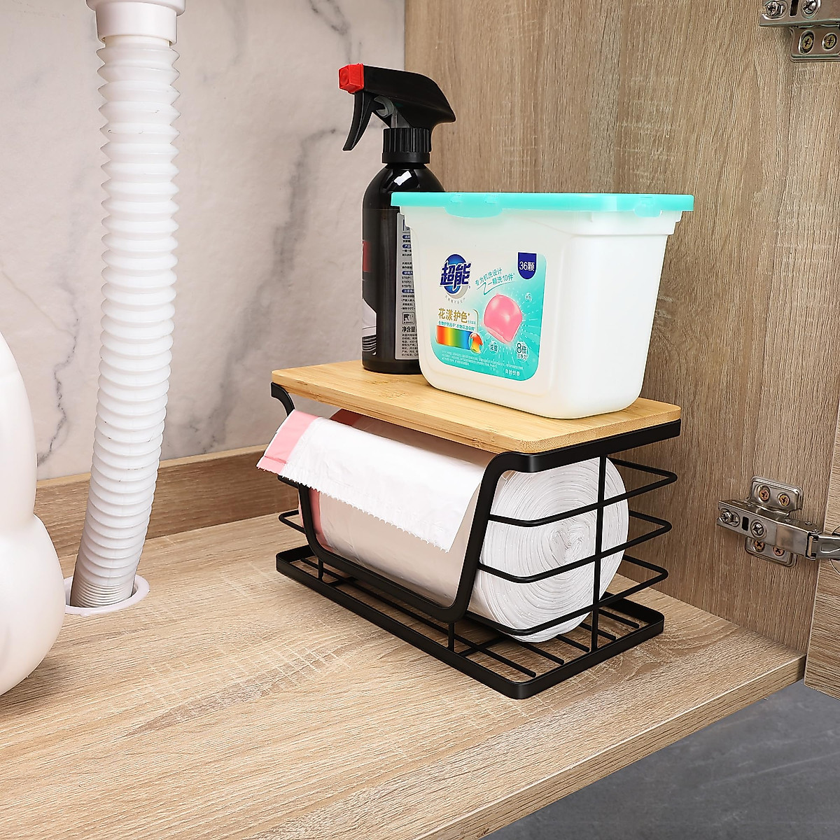 ALOCEO Small Trash Bag Holder with Bamboo Top, Wall Mount Stackable Standard Garbage Bag Dispenser for Laundry Room Organization and Storage