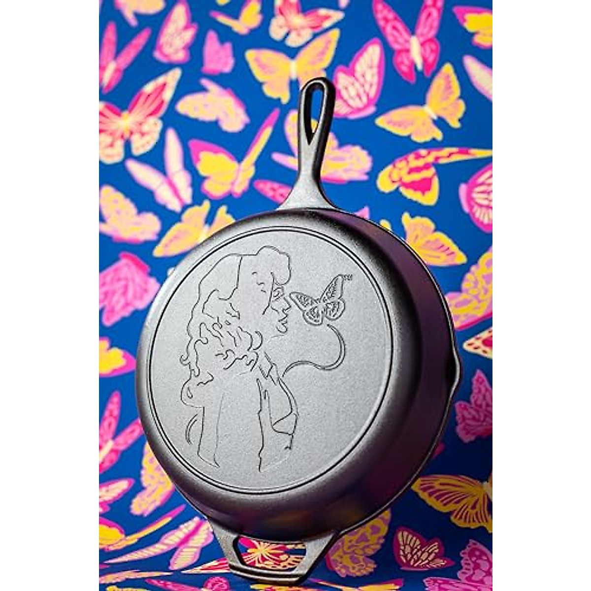 Lodge 10.25 Inch Dolly Parton Pre-Seasoned Cast Iron Stamped Skillet - Signature Teardrop Handle - Use in the Oven, on the Stove, on the Grill, or Over a Campfire, Black