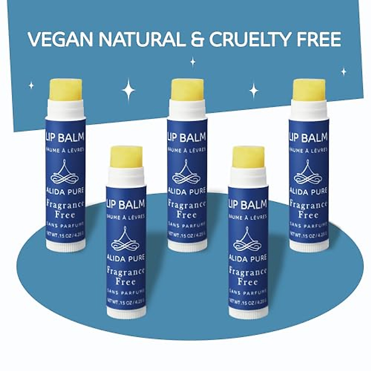 ALIDA PURE Fragrance Free Lip Balm, Vegan Lip Balm Set, Unscented, No Flavor, Beeswax Free, Organic Jojoba Oil, Avocado Oil, Vitamin E, Natural Moisturizer for Dry, Chapped, or Cracked Lips 5 Tube Set