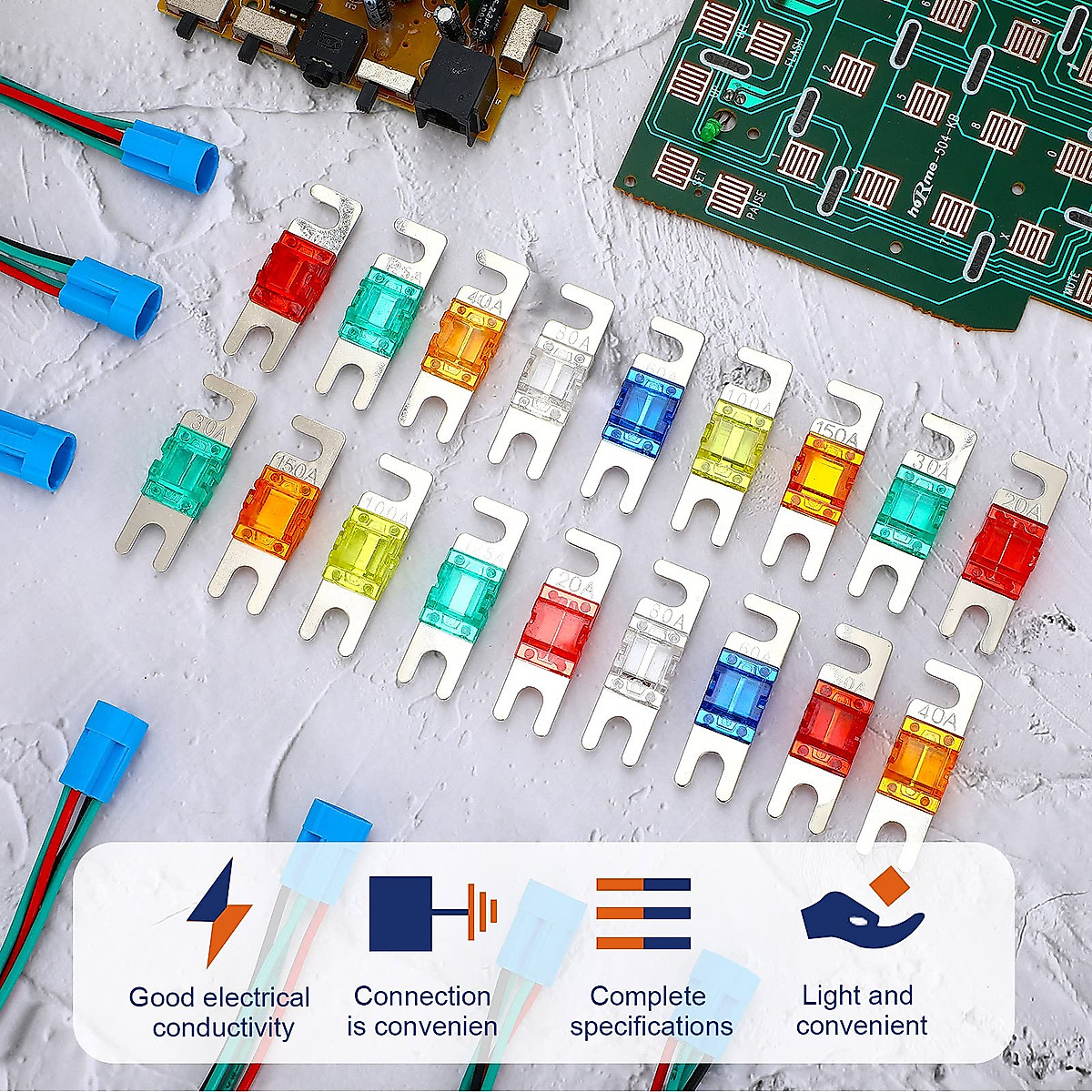 Frienda 18 Pcs Mini ANL Fuse Plated Pack Car Audio Fuses Holder kit for Automotive Marine Audio Video Electronic System(20A, 30A, 40A, 50A, 60A, 80A, 100A, 125A, 150A)