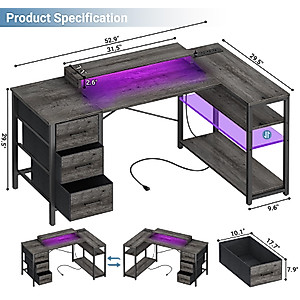 Aheaplus 53 Inch Gaming Desk with Power Outlets & LED Lights, Reversible L Shaped Computer Desk with 3 Drawers & Monitor Stand, Home Office Desk Corner Gamer Desk with Storage Shelves, Black Oak