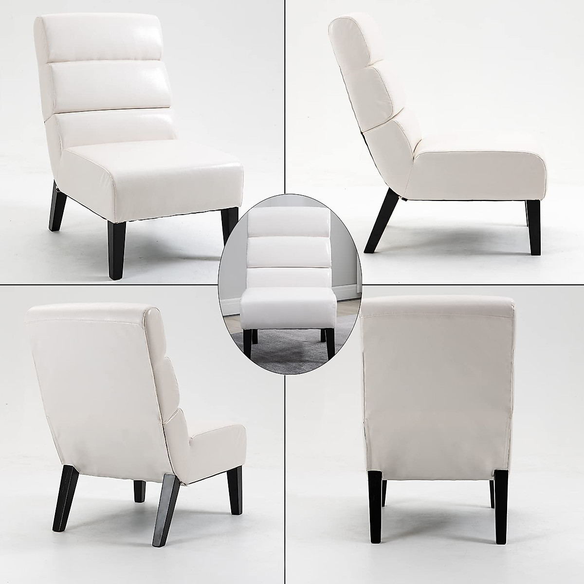 ZJhome Armless Accent Chairs Set of 2, Textured Leather Comfy Upholstered Corner Side Slipper Chairs for Bedroom, Living Room Chairs with Wooden Legs(White)