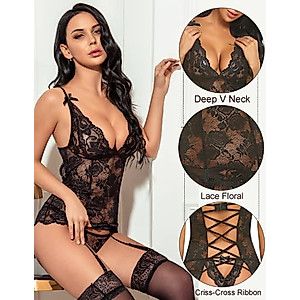 Avidlove Women’s Lace Babydoll with Garter Mini Teddy Bodysuit Sexy Lingerie Backless Chemise Black L