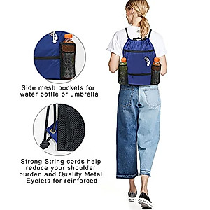 BeeGreen Royal Blue Drawstring Backpack Bag String Cinch Sack Backpack with Zipper Pockets and Mesh Water Bottle Holders Beach Backpack Large 18" L x 15" W Gym Sports Swim Bag