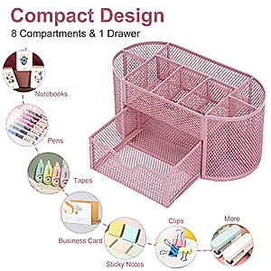 EOOUT Pink Desk Accessories, Pen Holder for Desk, Mesh Desk Organizer with 8 Compartments and 1 Drawer for Office Home School Classroom