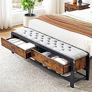 GAOMON Queen Bed Frame with Headboard and 2 Drawers, Metal Platform Bed Frame Queen Size with Storage Drawer, No Box Spring Needed, Noise Free, Rustic Brown