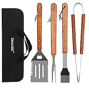 IMAGE Wooded BBQ Accessories Grilling Tools,Stainless Steel BBQ Tools Grill Tools Set for Cooking, Backyard Barbecue & Outdoor Camping Gift for Man Dad Women Barbecue Enthusiasts Set of 4