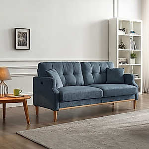 ARCLIS 70" Blue Mid-Century Modern Loveseat with USB Charging Ports, Tufted Upholstered Couch with Solid Wood Leg for Small Space Apartment Office