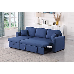 poplarbox L Shape Couch with Pull Out Bed, 84" Small Blue Sectional Sleeper Sofa with Storage Chaise, Convertible Pull Out Couch Bed for Bedroom, Living Room